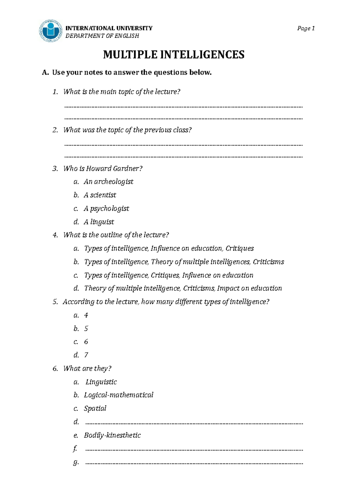 Unit 8 - Lecture Notes on Multiple Intelligences (ENG 101) - Studocu