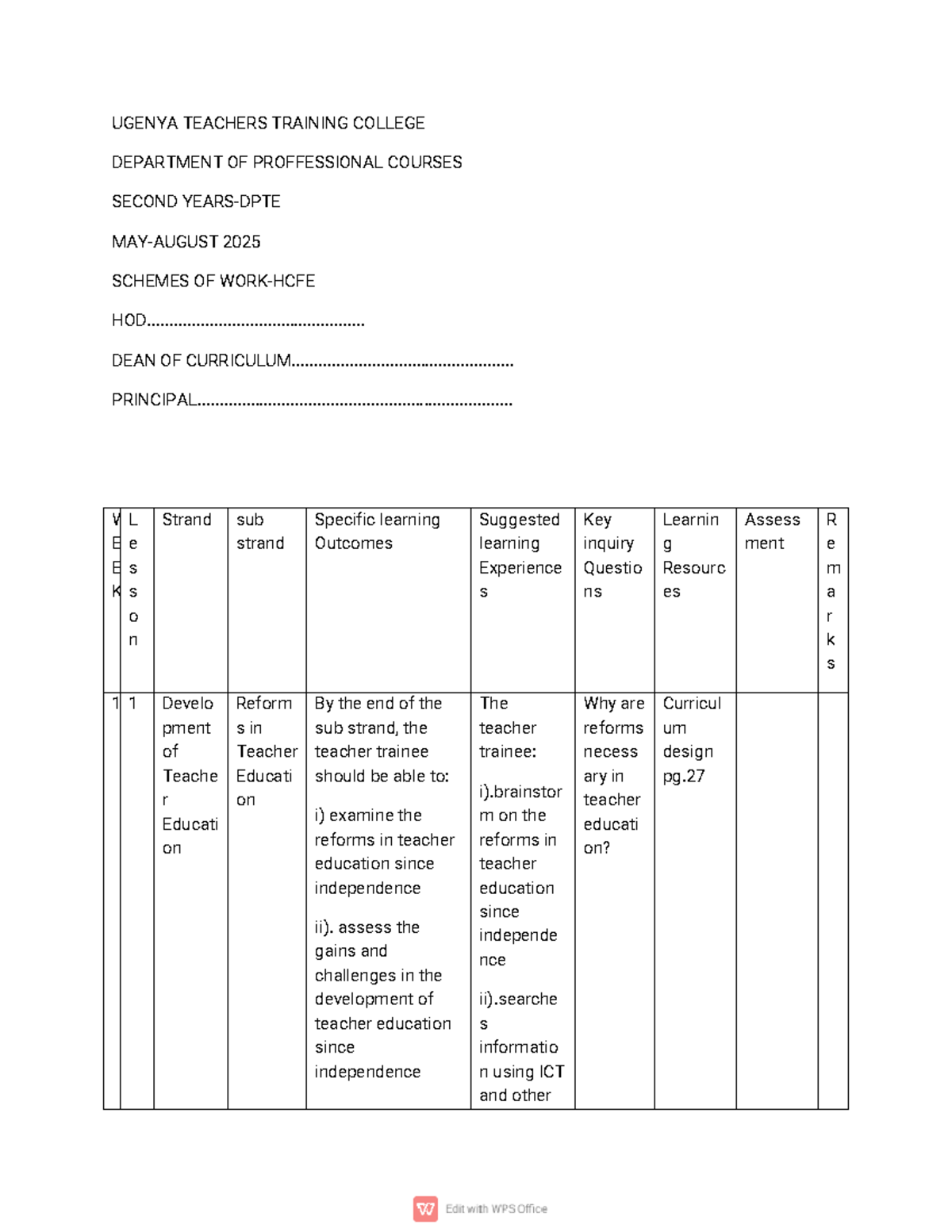 UGENYA TEACHERS TRAINING COLLEGE 2025 HOD Schemes of Work for ...