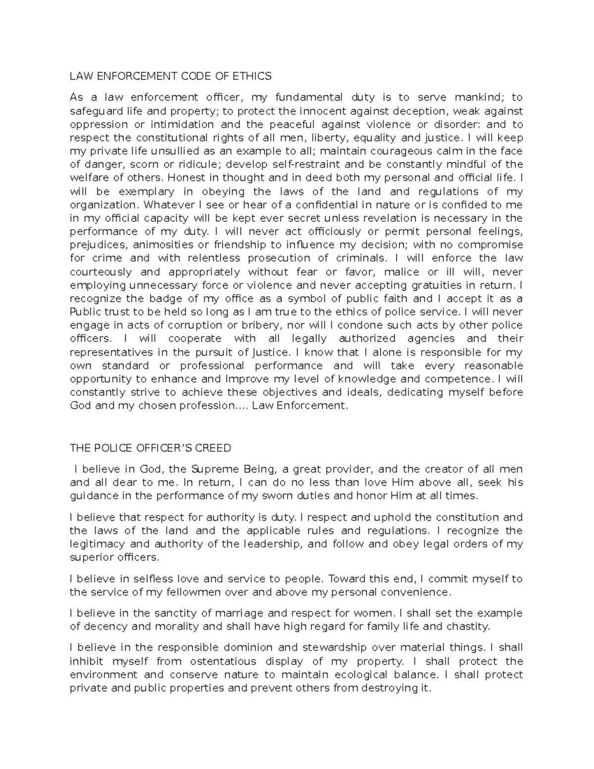 LAW 101: Law Enforcement Code of Ethics and Police Creed Overview - Studocu
