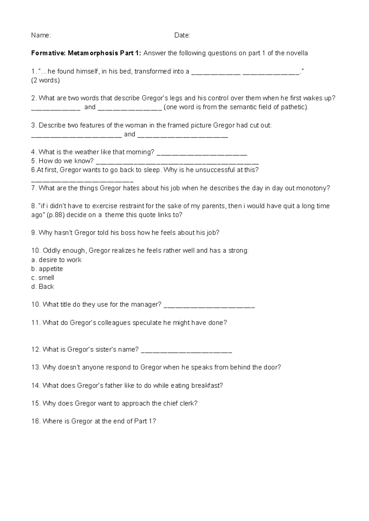 Metamorphosis Part 1 Quiz: Key Questions & Insights - Studocu