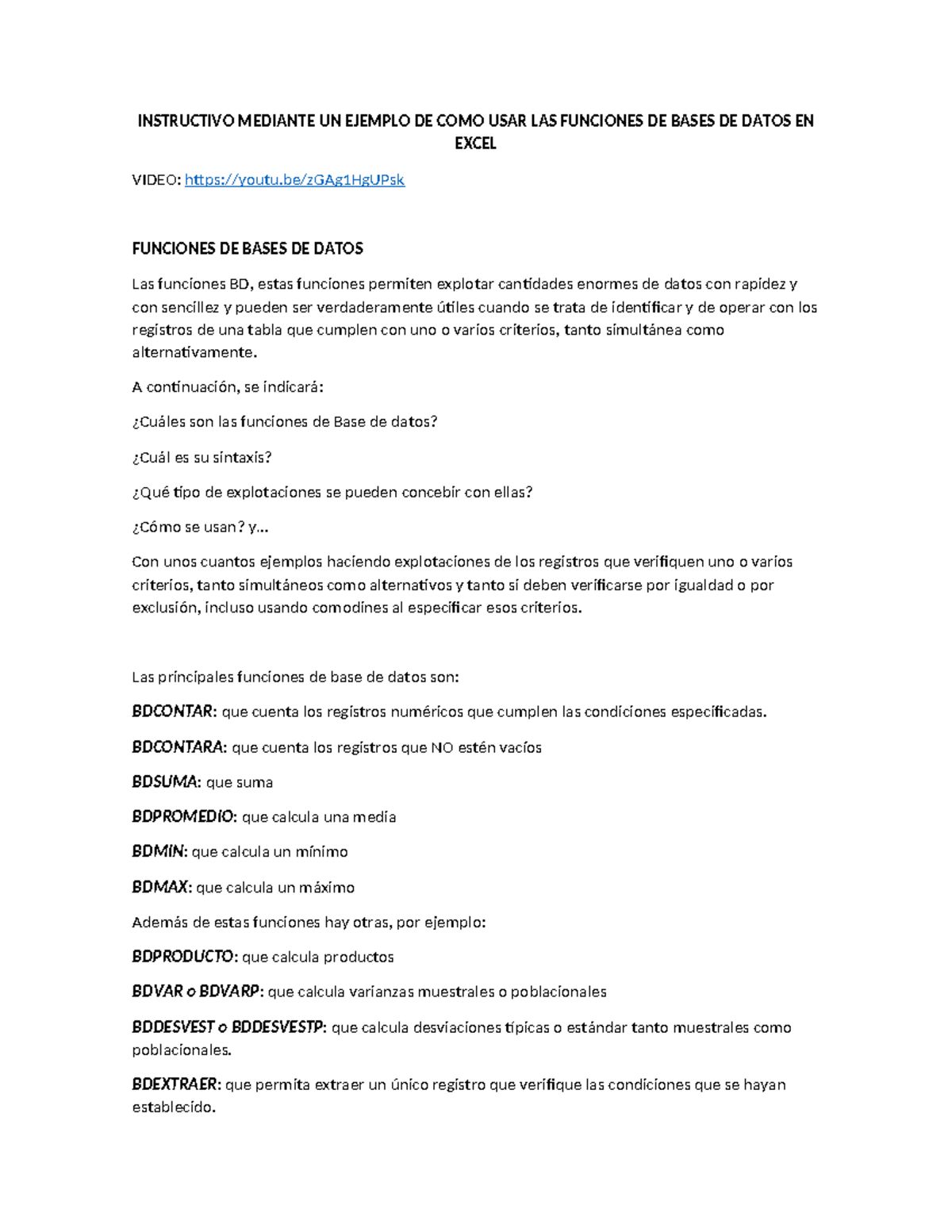Instructivo para Usar Funciones BD en Excel: Ejemplos y Sintaxis - Studocu