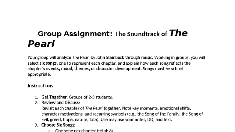 The Pearl Soundtrack Project: Group Assignment Analysis - Studocu