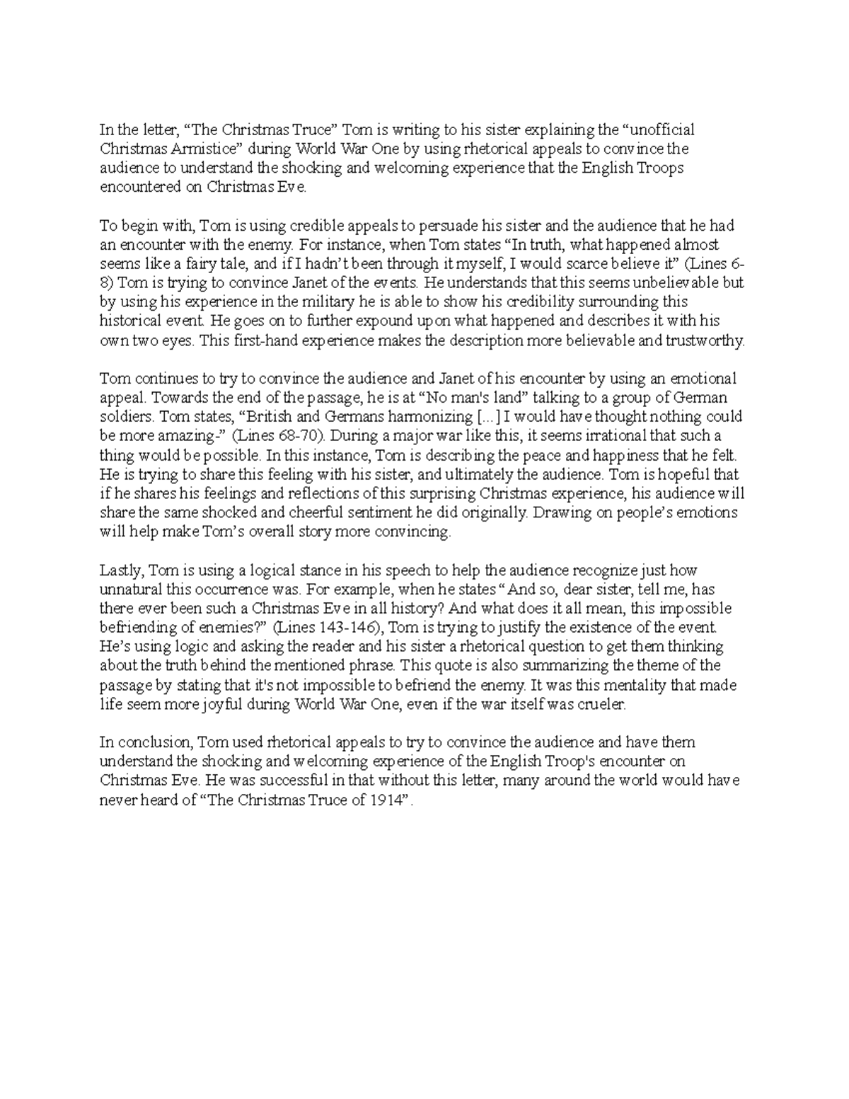 Holiday Rhetorical Essay - In the letter, “The Christmas Truce” Tom is ...
