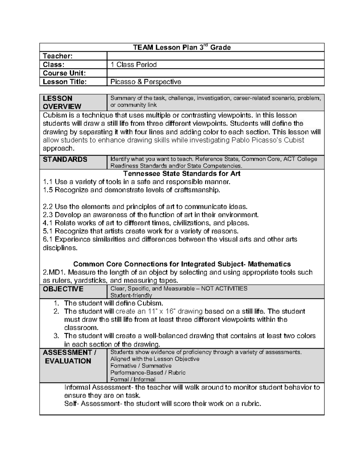 3rd Grade Art Lesson Plan: Exploring Cubism with Picasso - Studocu