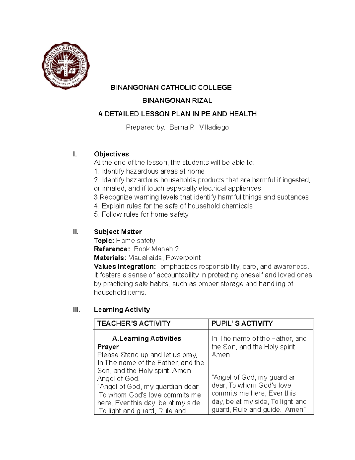 Detailed Lesson Plan in PE & Health (PEH 101) - Home Safety - Studocu