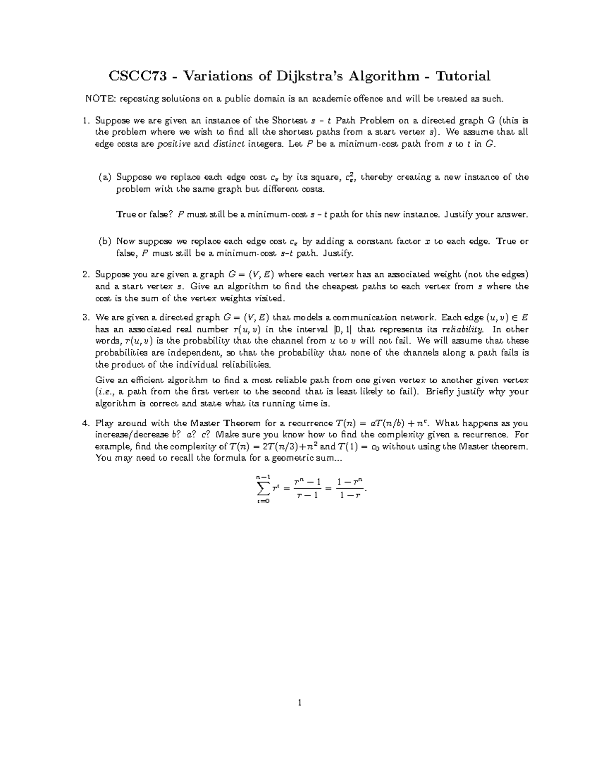 CSCC73 Tutorial 3: Variations of Algorithms and Path Problems - Studocu