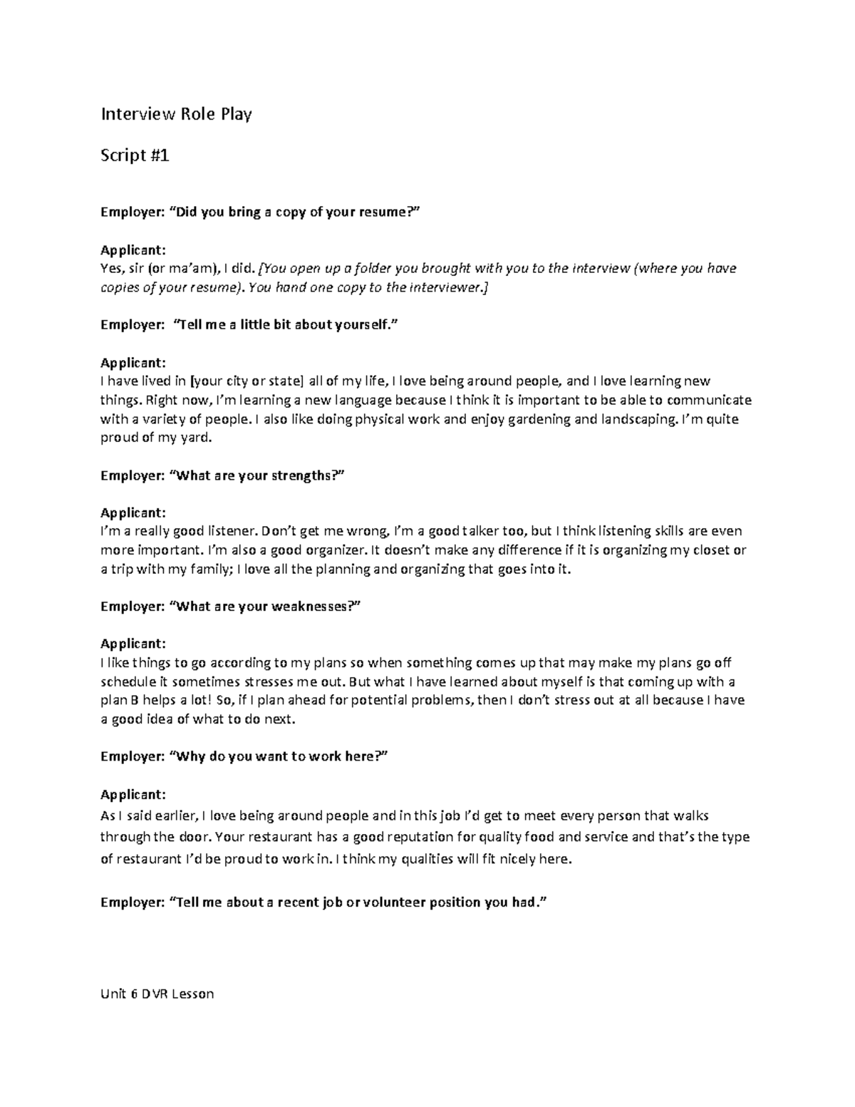 Unit 6 DVR Lesson - Interview Role Play Summary - Studocu