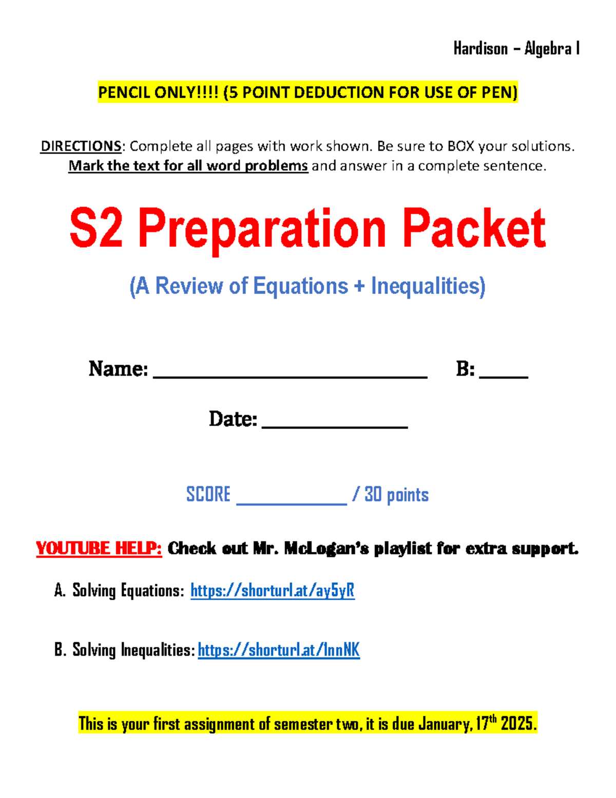 S2 Prep Packet (Full - Eqs + Ineqs) - PENCIL ONLY!!!! (5 POINT ...