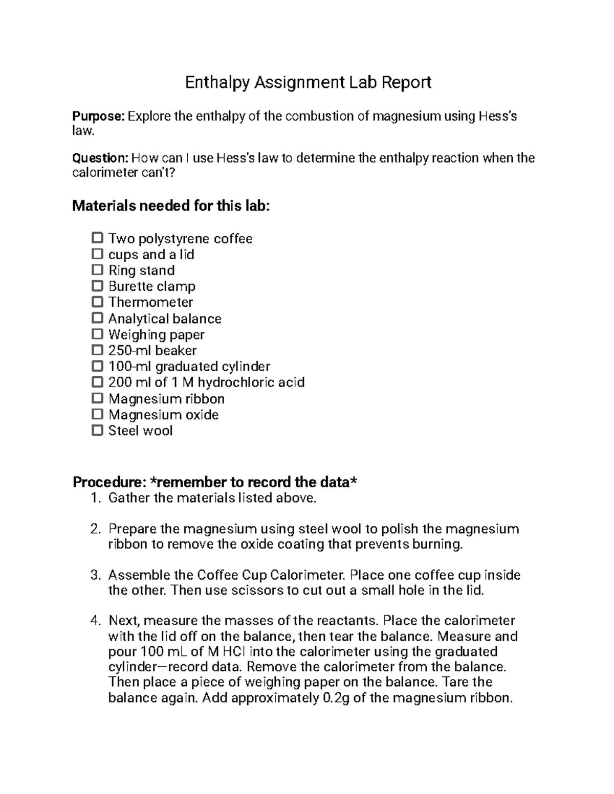 Enthalpy Lab Report: Using Hess’s Law for Combustion of Mg - Studocu