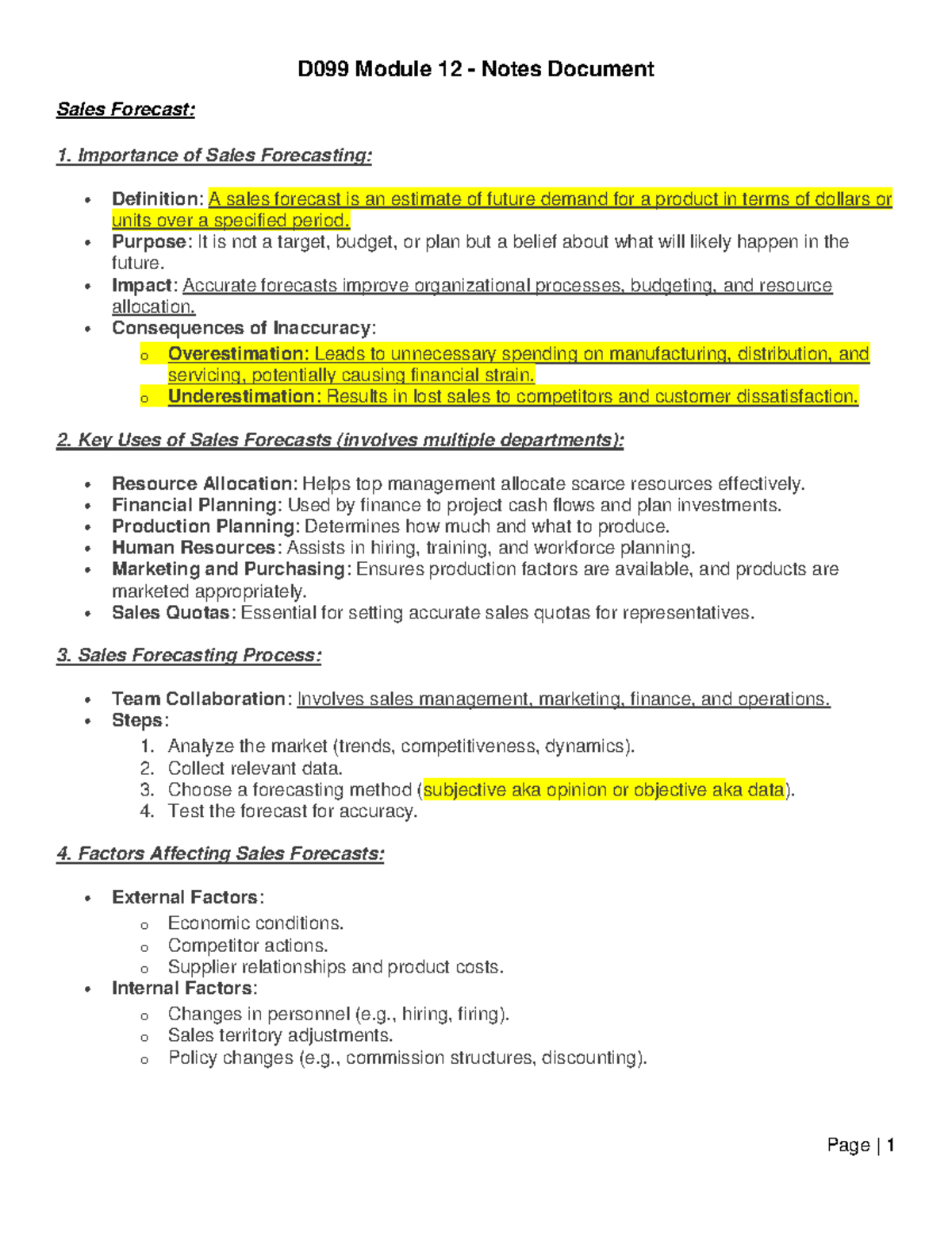 D099 Module 12 Notes: Understanding Sales Forecasting and Quotas - Studocu