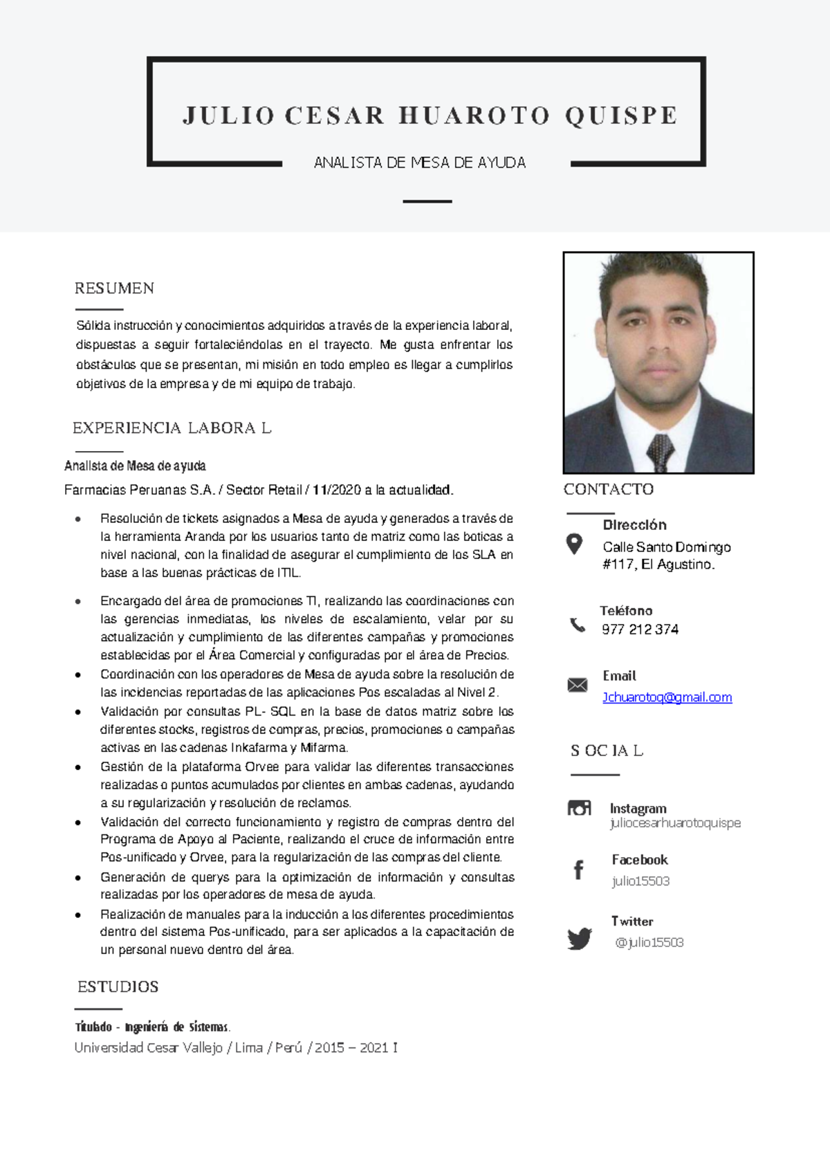 CV de Julio César Huaroto Quispe - Analista de Mesa de Ayuda - Studocu