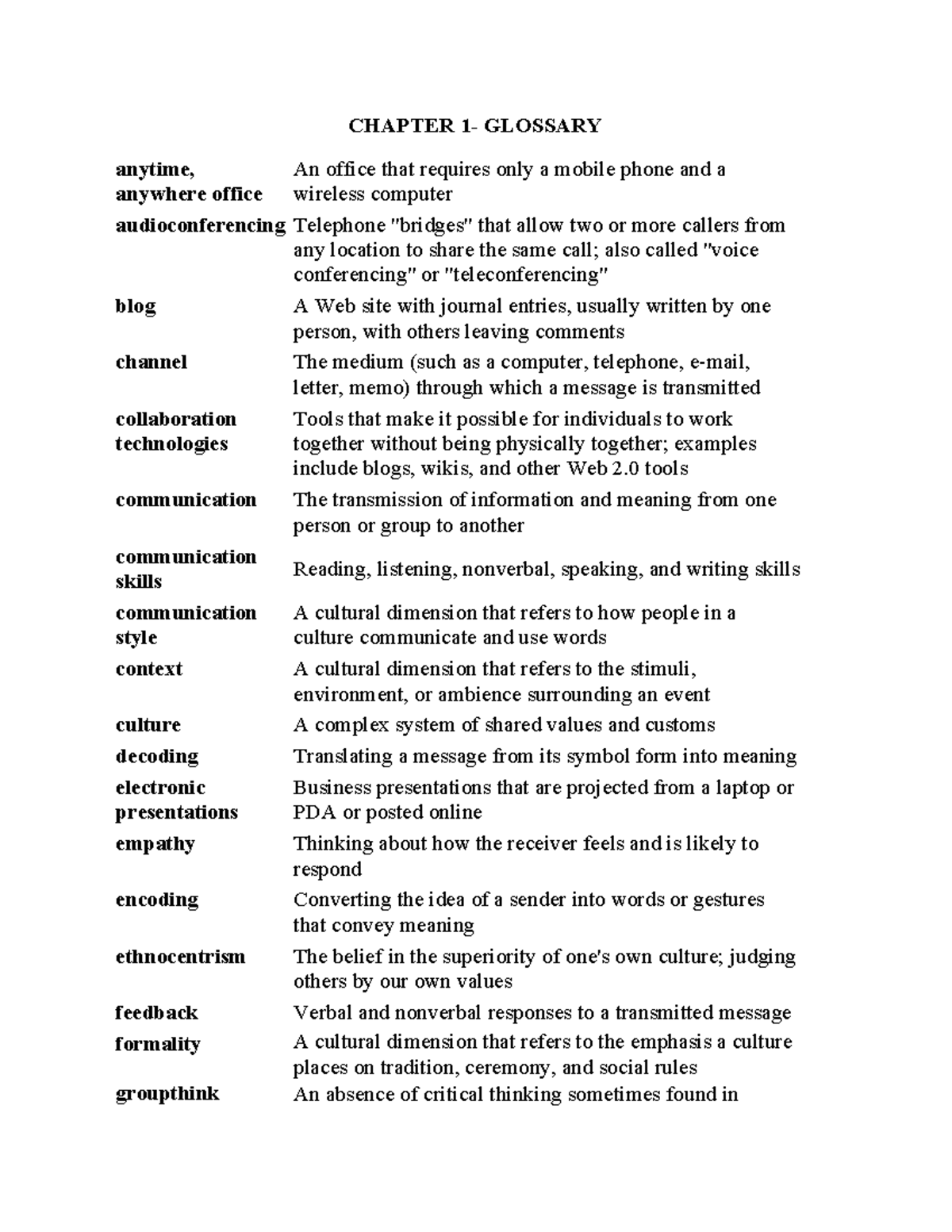 CHAPTER GLOSSARY: Key Terms and Definitions for Communication Studies ...