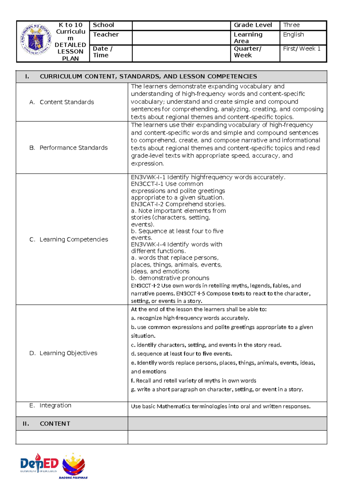 DLP English 3 Q1W1D1 - Detailed Lesson Plan for Grade 3 - Studocu