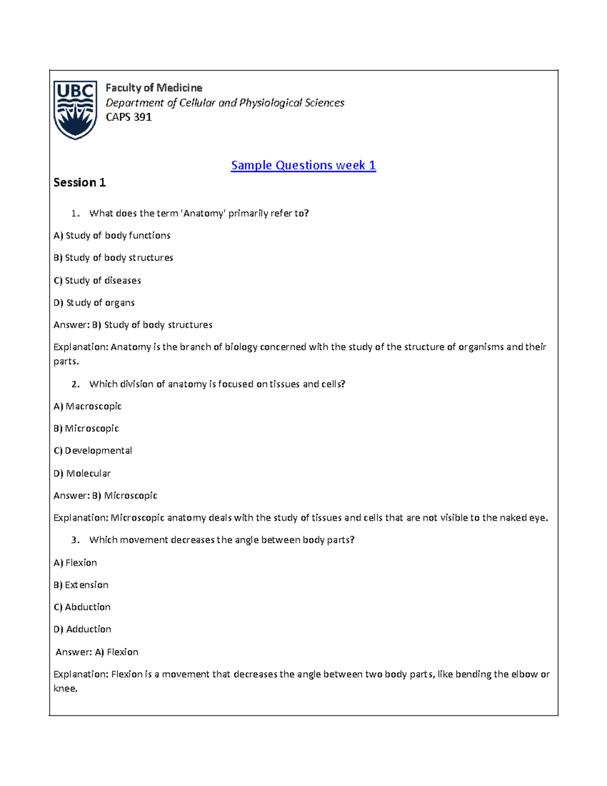 CAPS 391 - Sample Questions 1 - 2024 - Faculty of Medicine Department of Cellular and ...