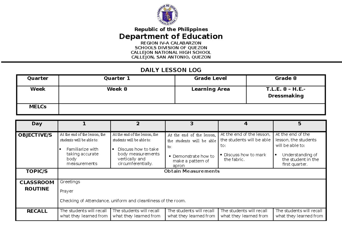 TLE HE DLL WEEK8 S - Daily Lesson Log Activity - Department of ...