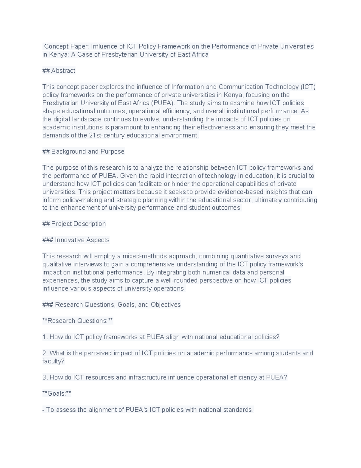 Concept Paper: ICT Policy Framework's Impact on PUEA Performance - Studocu