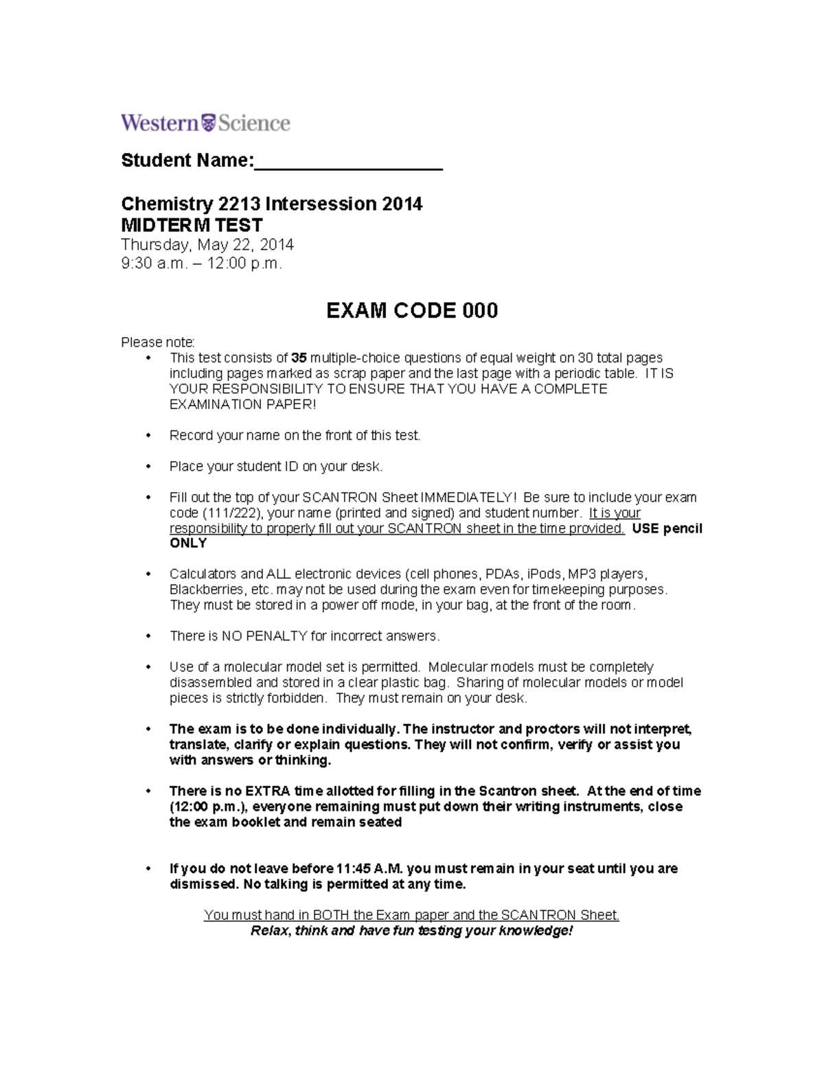 Chemistry 2213 Intersession 2014 Midterm Exam Instructions and ...