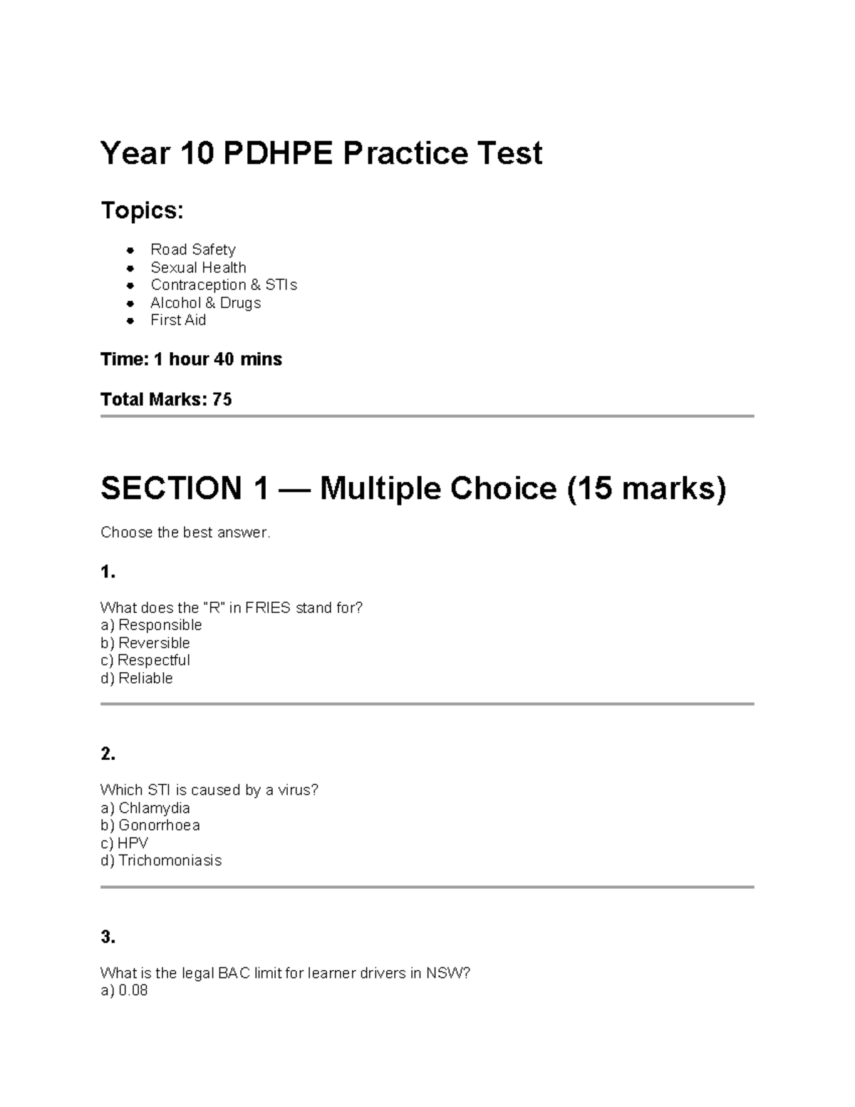 Year 10 PDHPE Practice Test: Road Safety & Sexual Health Topics - Studocu