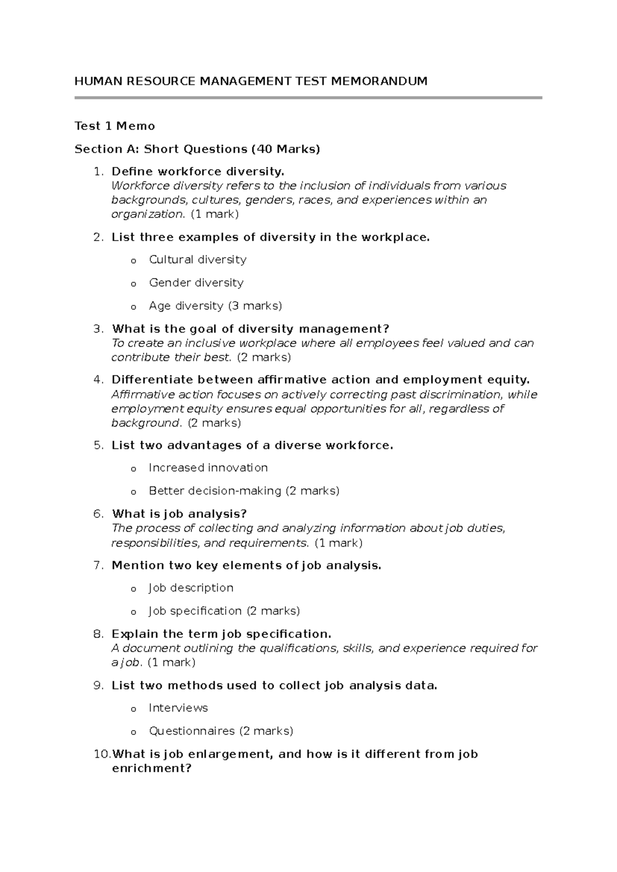 Human Resource Management TEST Memorandum - HUMAN RESOURCE MANAGEMENT ...
