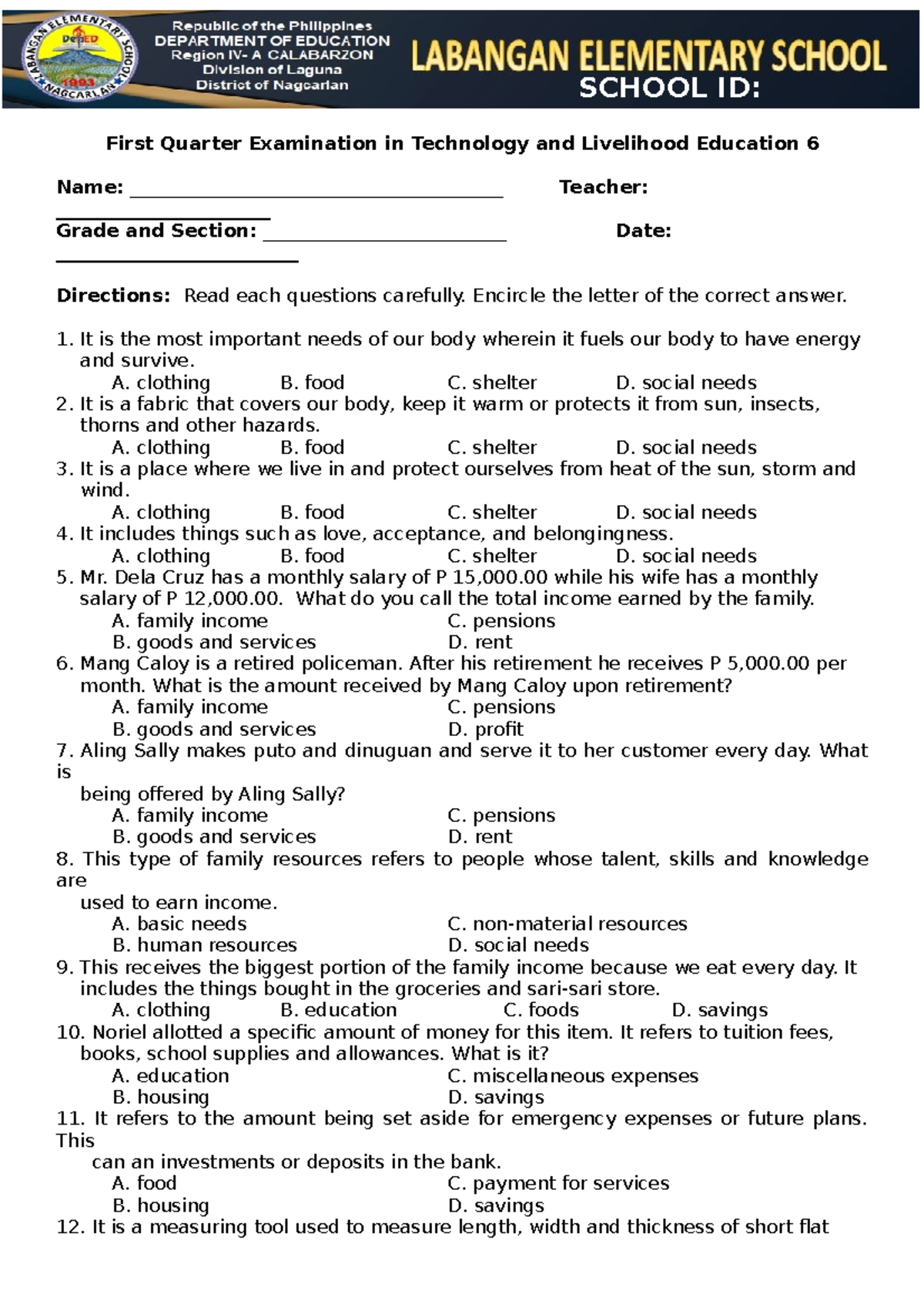 First Periodical Exam in TLE 6: Topics and Questions Overview - Studocu