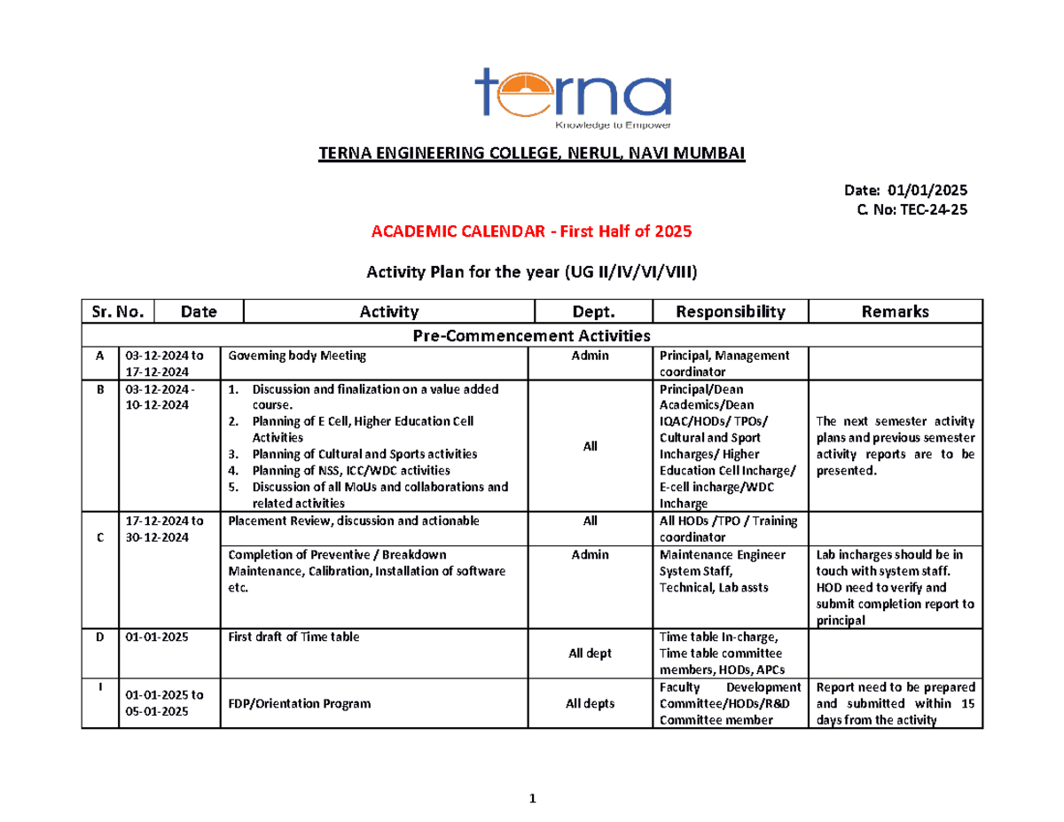 Academic Calendar-FH 2025 - TERNA ENGINEERING COLLEGE, NERUL, NAVI ...
