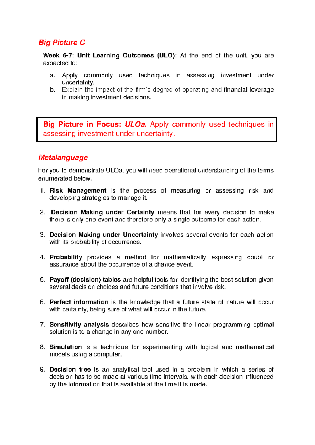 ACC+212 Week 6-7 Unit Learning Outcomes: Decision Making Under ...