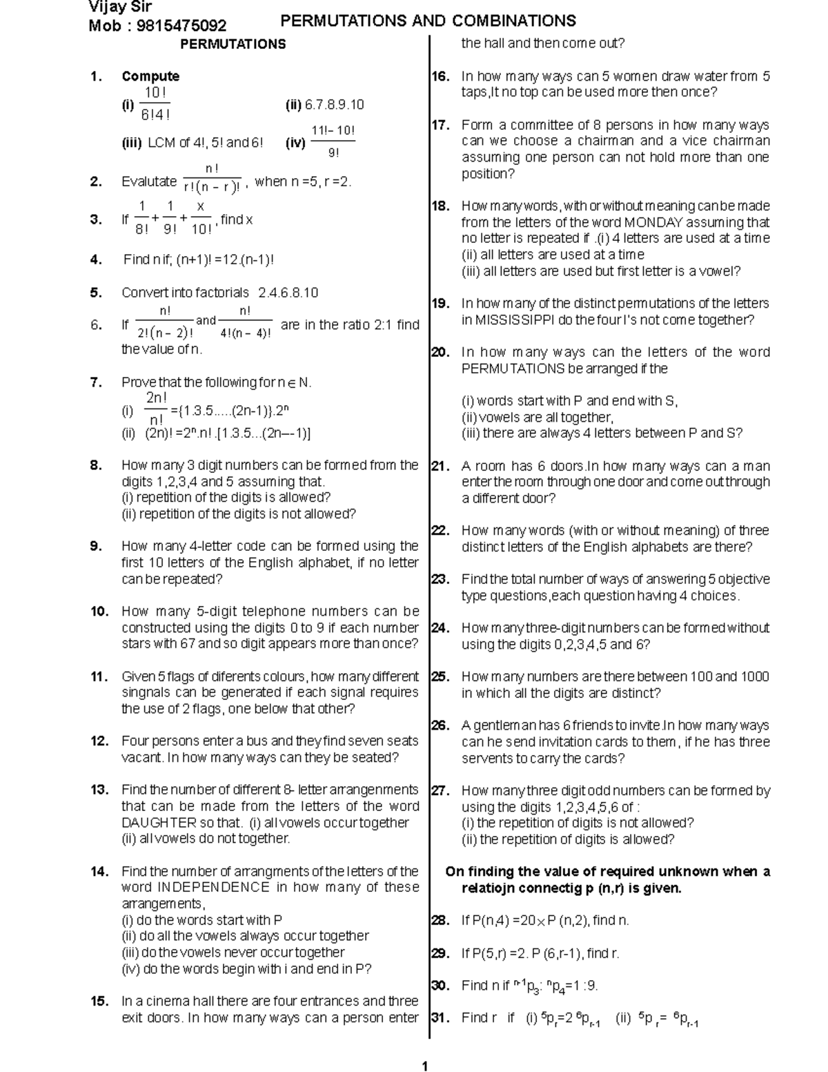 XII Worksheet on Permutations & Combinations - Studocu