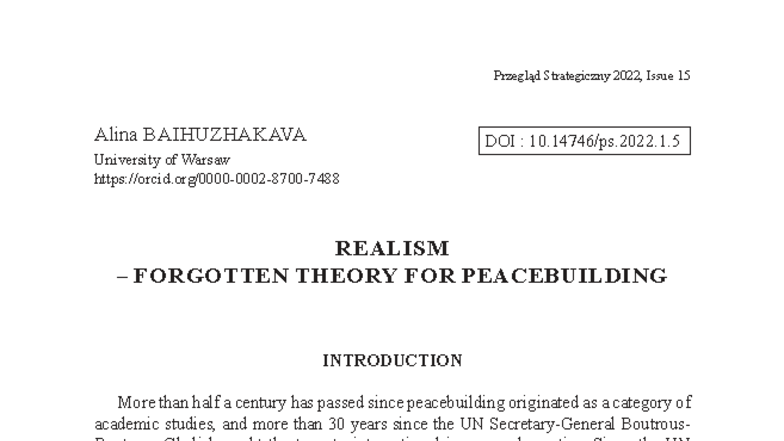 Realism Forgotten: A Critical Analysis of Peacebuilding Theories (2022 ...