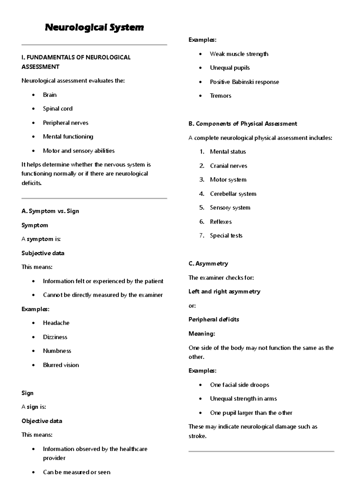 Neurological System Assessment: Key Concepts and Evaluations - Studocu