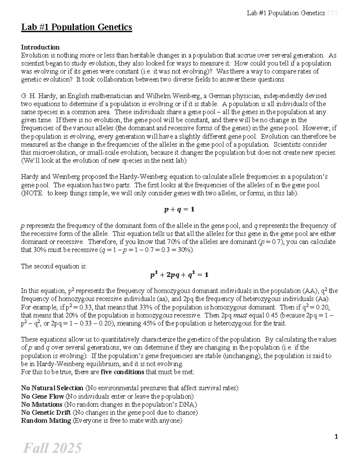 Lab #1 Population Genetics F25: Understanding Evolution and Allele ...