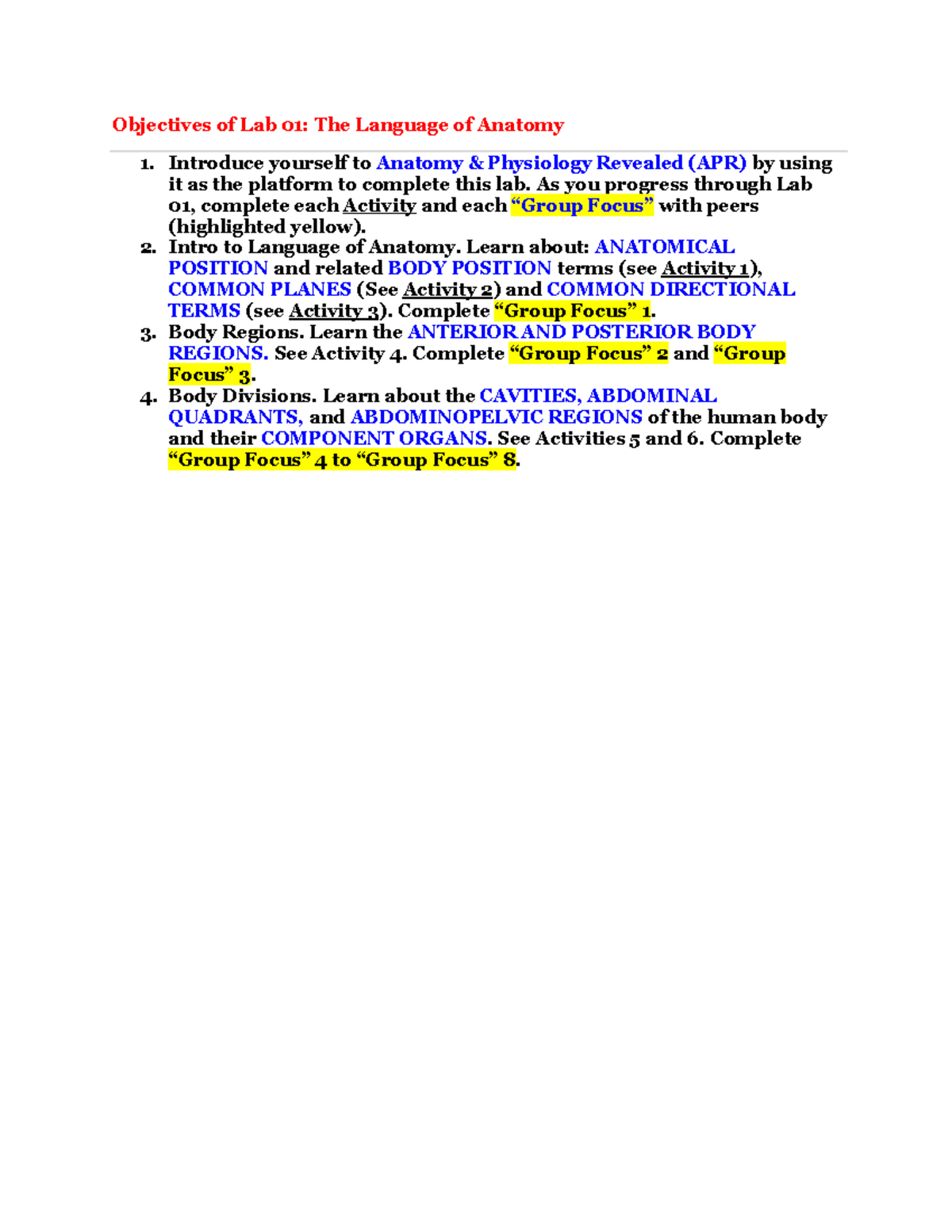 Anatomy Lab 01: Dissection of Body Orientation & Regions Activities ...