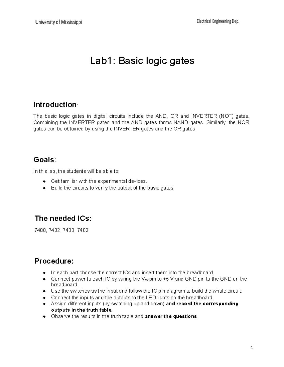 Lab1: Basic Logic Gates - Exploring AND, OR, and NAND Functions - Studocu