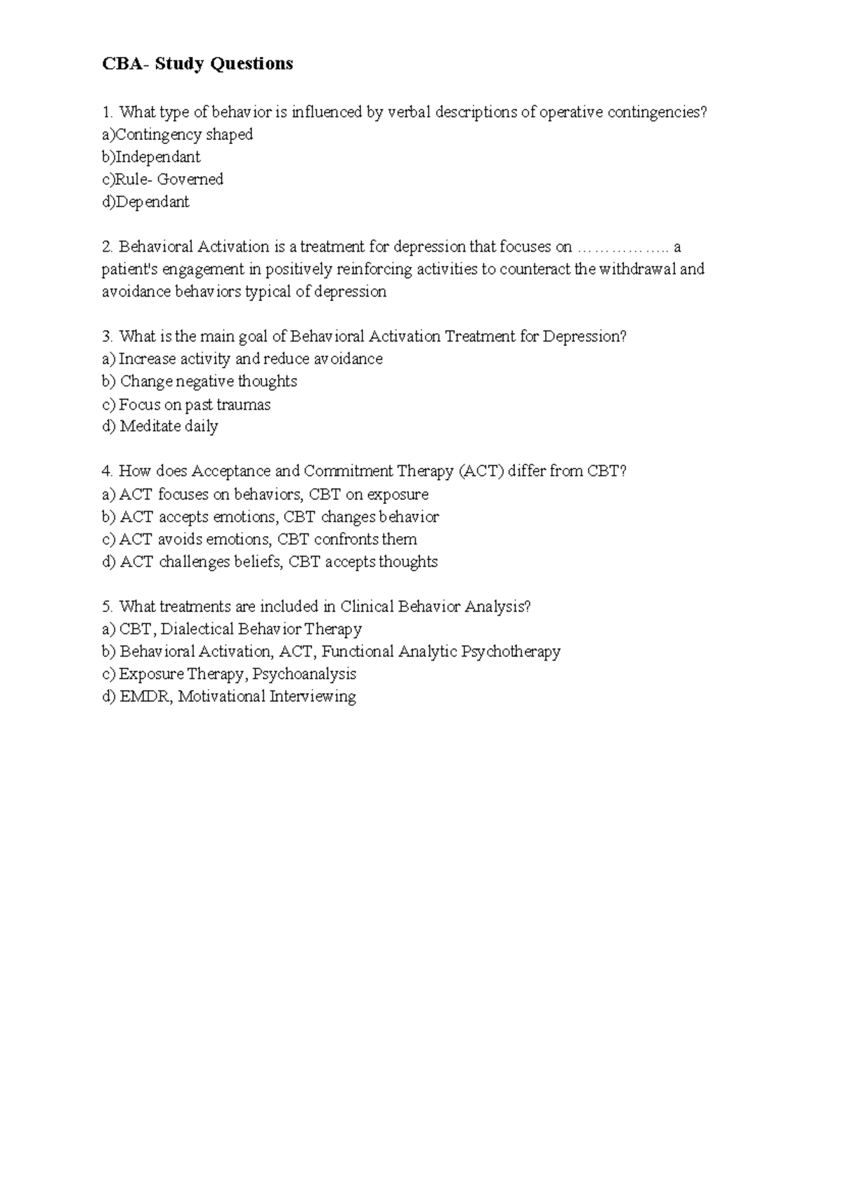 CBA Study Questions: Behavioral Activation & ACT Insights - Studocu
