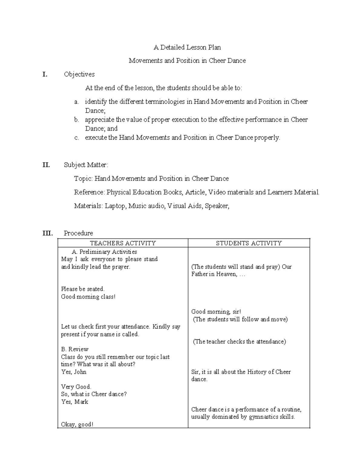 A Detailed Lesson Plan on Hand Movements in Cheer Dance I - Studocu