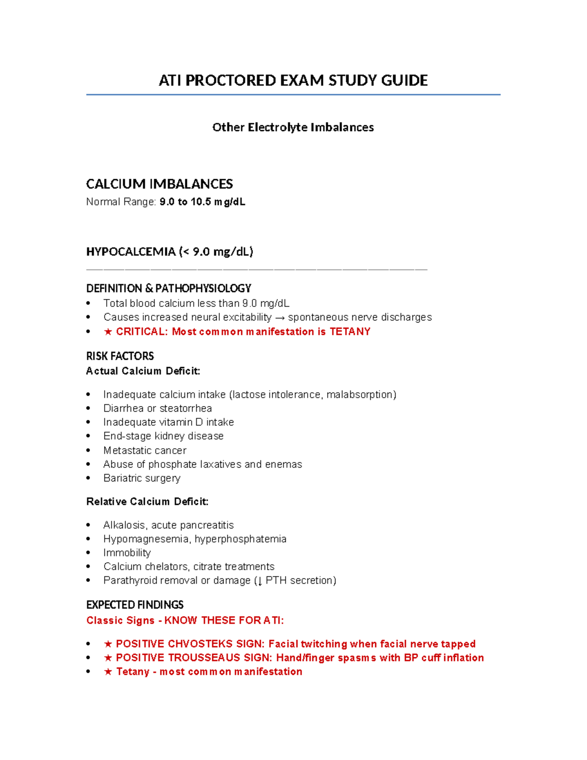 ATI PROCTORED EXAM STUDY GUIDE: Electrolyte Imbalances Overview ...