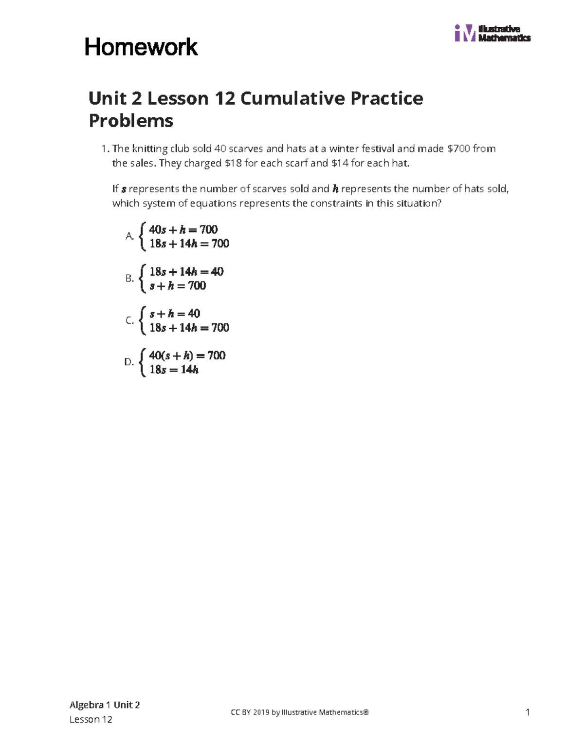 Algebra 1 Unit 2 Lesson 12 Cumulative Practice Questions - Studocu