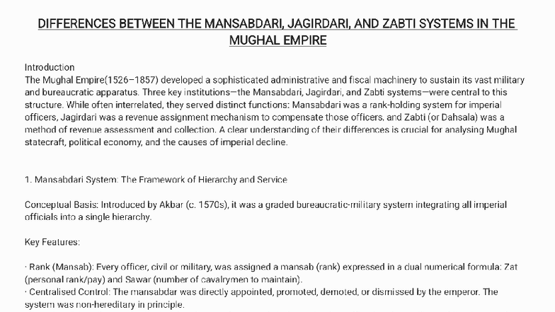 Differences Between Mansabdari, Jagirdari & Zabti Systems in Mughal ...