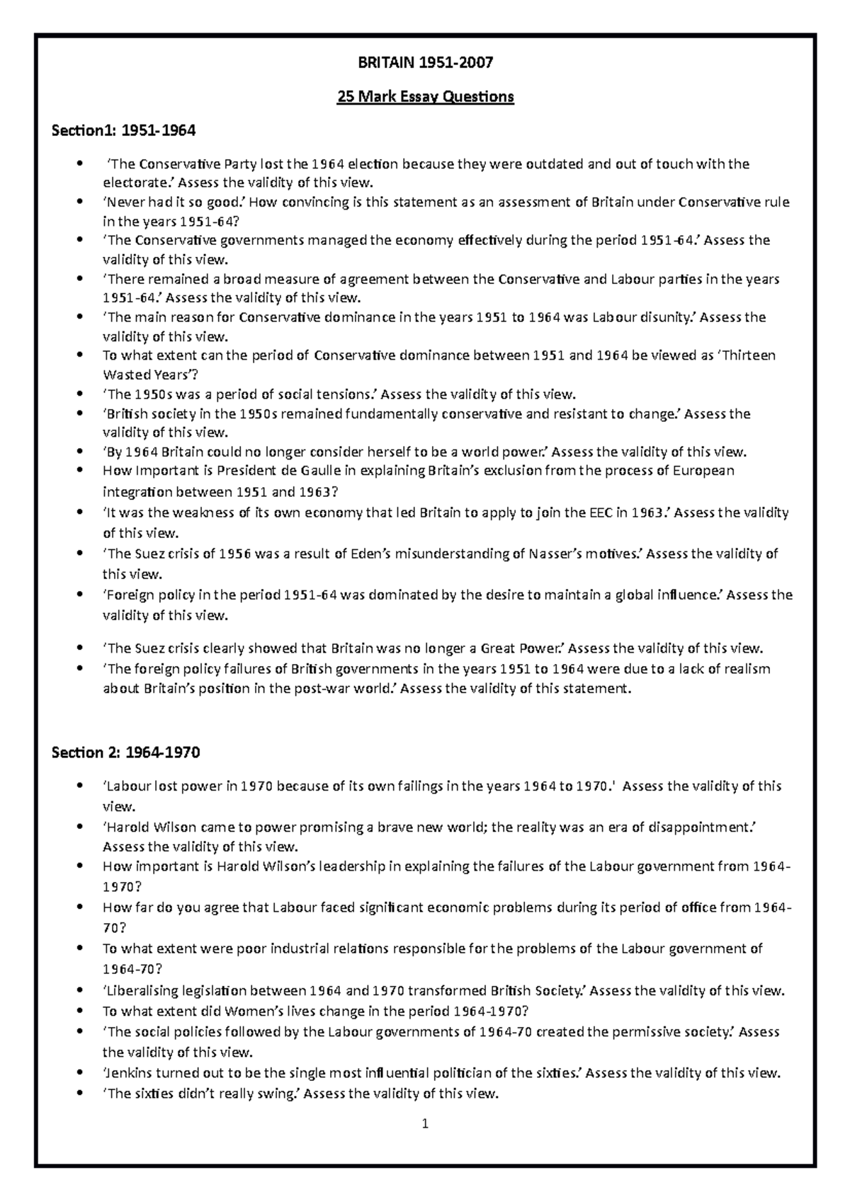 Unit 2S 25 Mark Essay Questions: Britain 1951-1979 Overview - Studocu