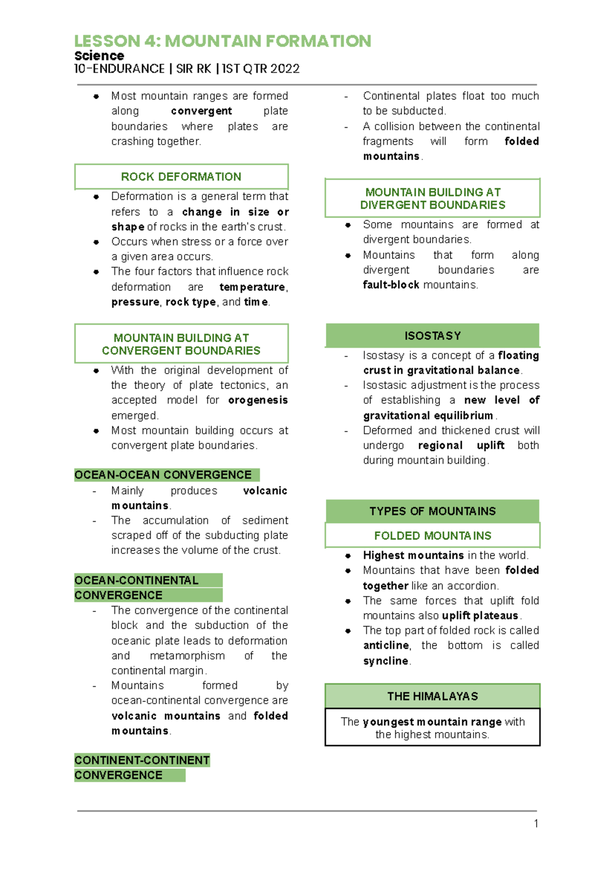 Science -Q1L4- Notes - LESSON 4: MOUNTAIN FORMATION Science 10 ...