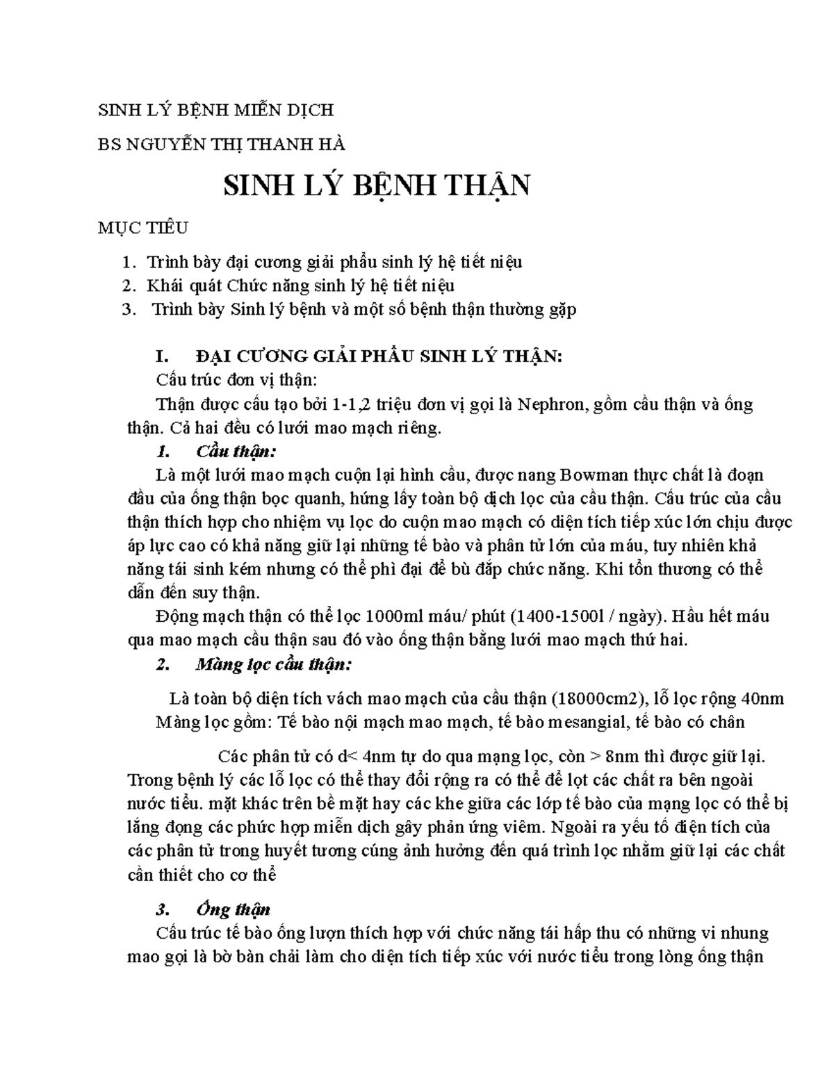 SINH LÝ BỆNH BỆNH THẬN - SINH LÝ BỆNH MIỄN DỊCH BS NGUYỄN THỊ THANH HÀ ...