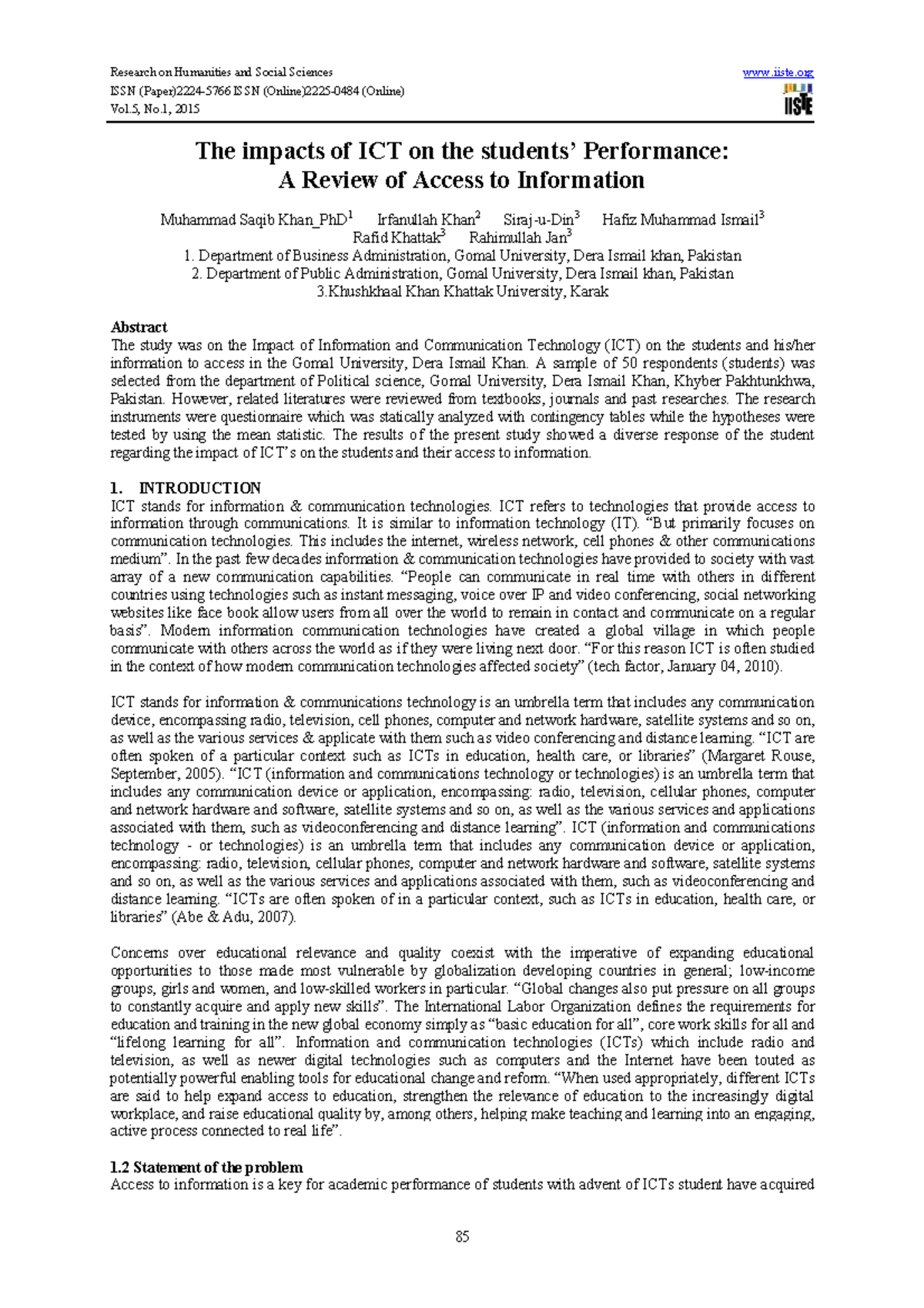 The Impact of ICT on Student Performance: A Review at Gomal University ...
