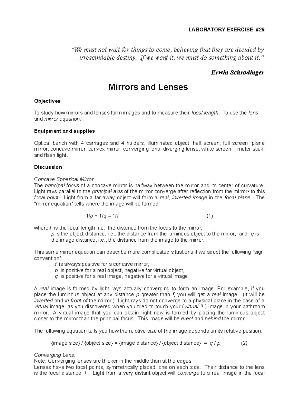 Laboratory Exercise #29 Mirrors and Lenses - LABORATORY EXERCISE “We ...