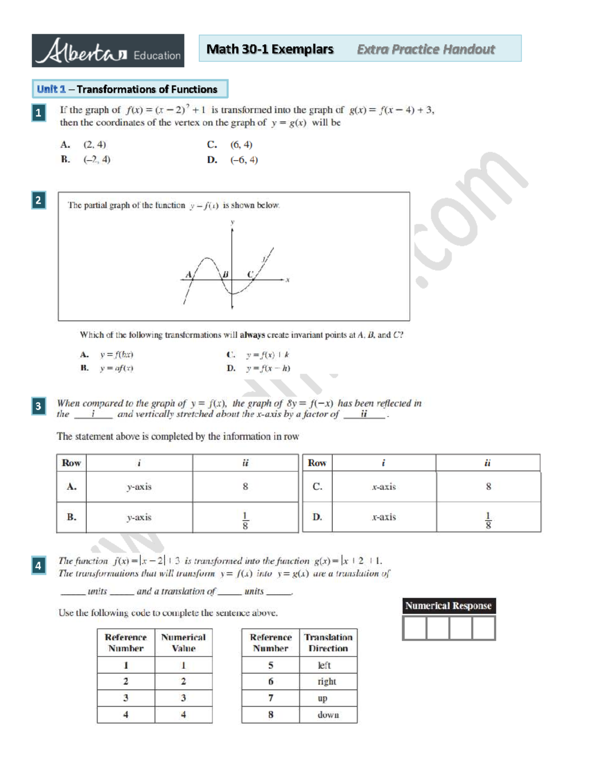 Math 30-1: Unit 1 Transformations Extra Practice Handout - Studocu