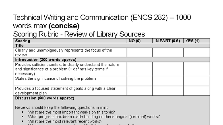 Assessment Rubric for Library Sources Review (ENCS 282) - Studocu