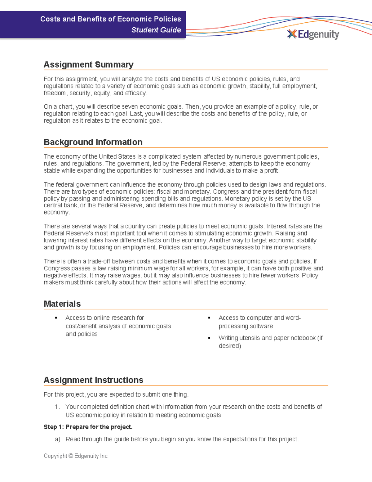 Project - Costs and Benefits of US Economic Policies - Student Guide ...