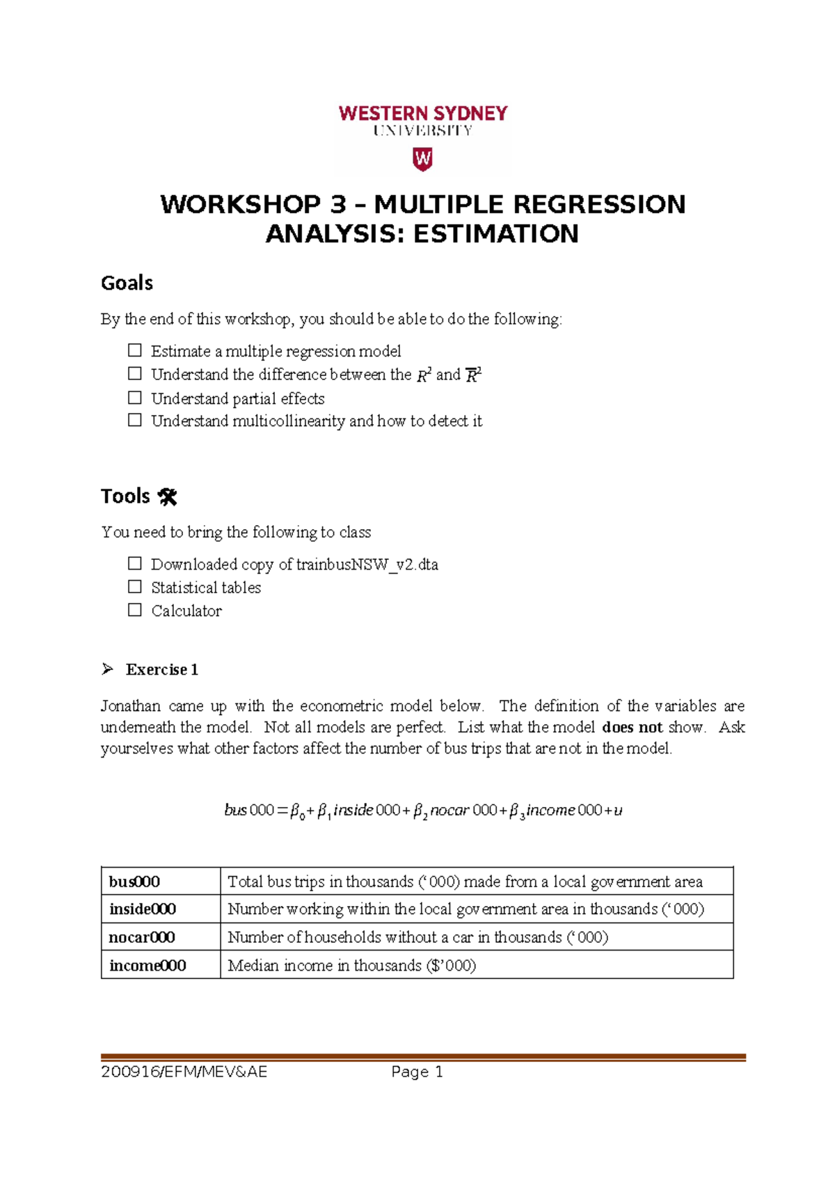 Week 3 - Workshop Exercises - WORKSHOP 3 – MULTIPLE REGRESSION ANALYSIS ...