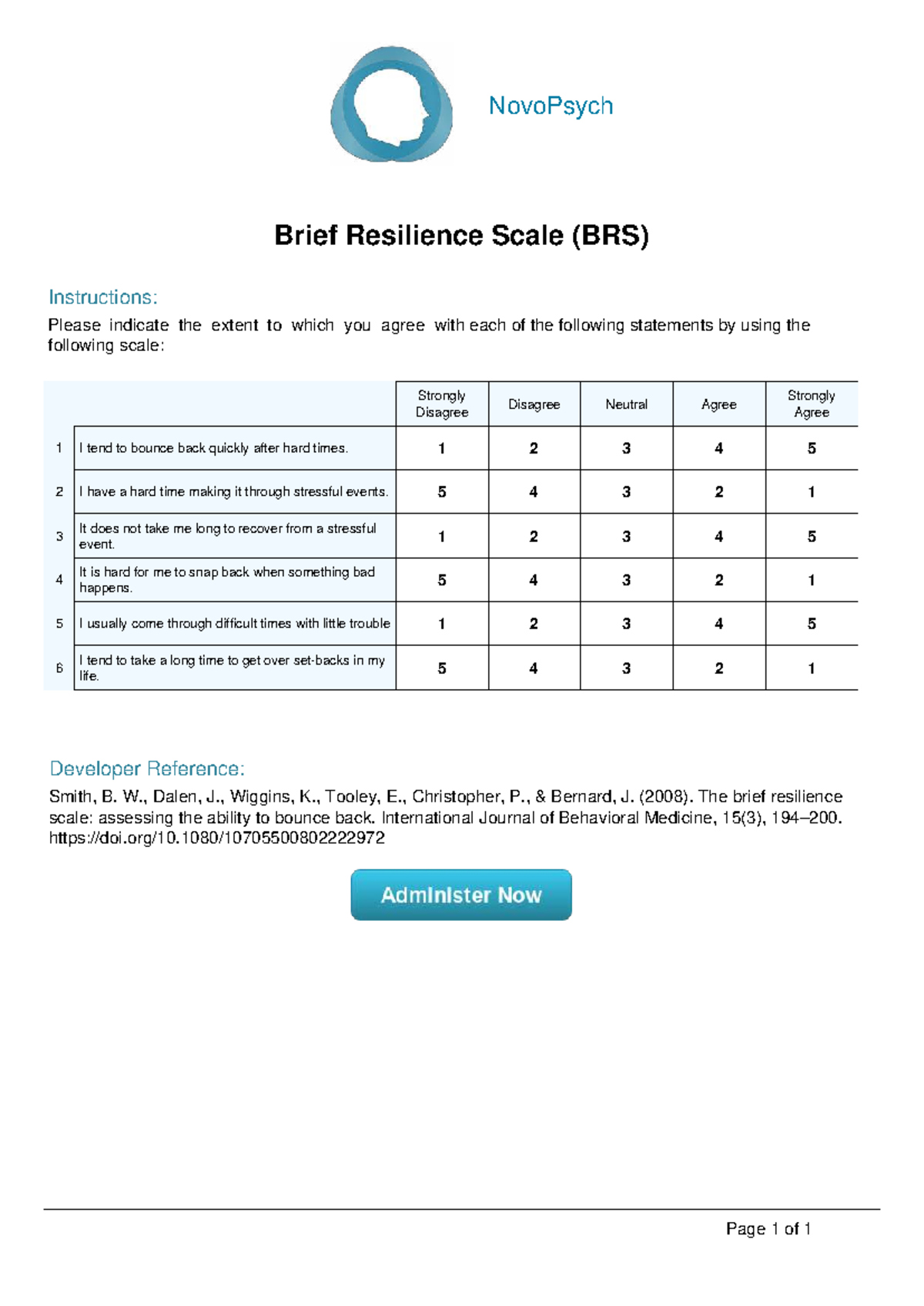 NovoPsych BRS Instructions and Response Scale - Studocu