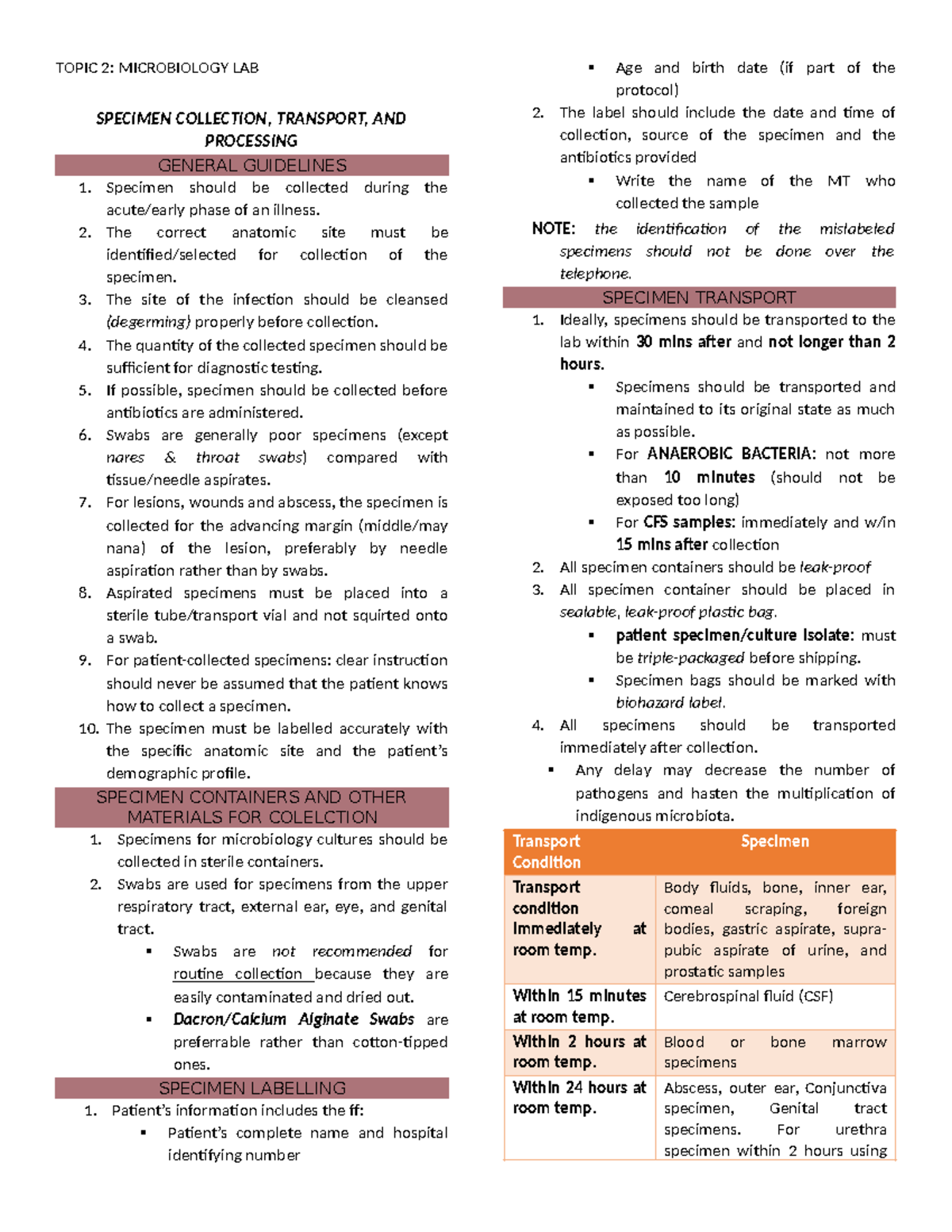 MICROBIOLOGY LAB - Specimen Collection & Processing Guidelines - Studocu