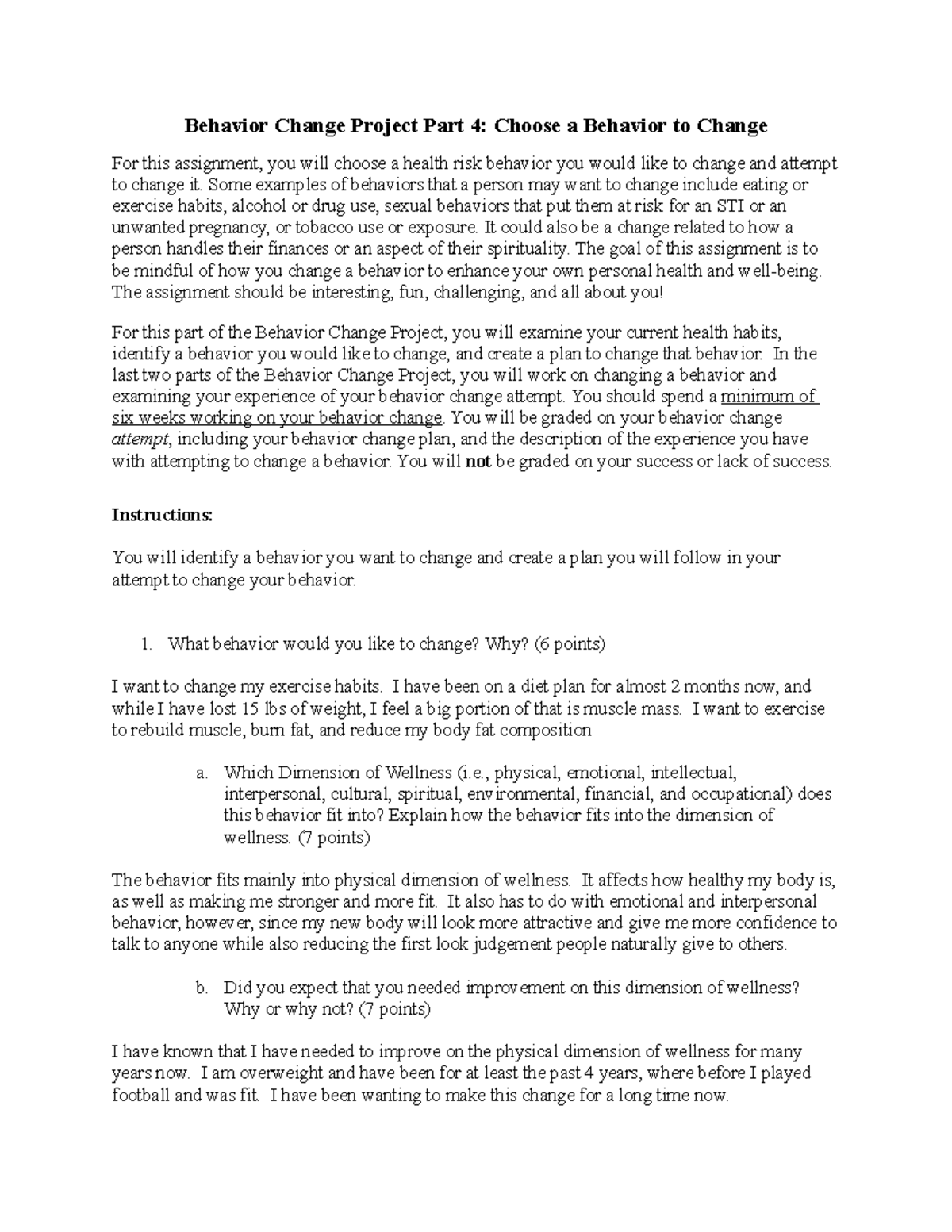 Behavior Change Project Part 4 Choose a Behavior to Change - Some ...