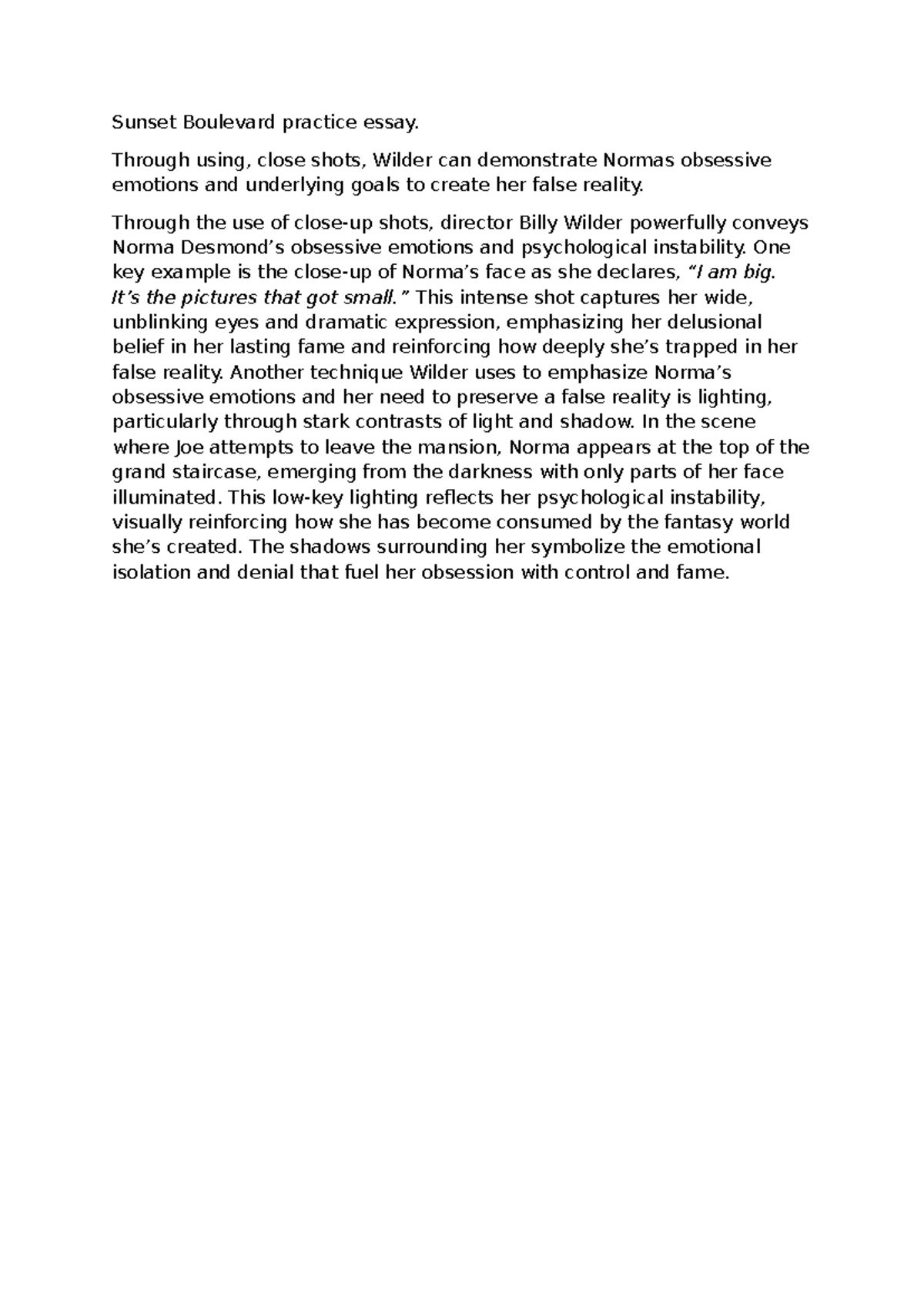 Sunset Boulevard (Film Analysis) Practice Essay on Norma's Obsession ...